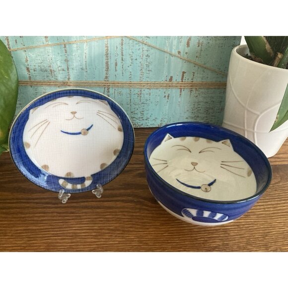 Dining | Kafuh Japanese Fat Cat Kitty Ramen Plate And Bowl Blue Maneki ...